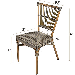 LONABR Wicker Dining Side Chairs Set of 2 Arm Less Patio French Cafe Bistro Chair with Aluminum Frame Indoor Outdoor,Brown