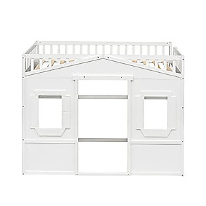 BOVZA Twin Size House Loft Bed, Wooden Bed Frame with Ladder, Kids Playhouse Bed with Window for Girls Boys, White