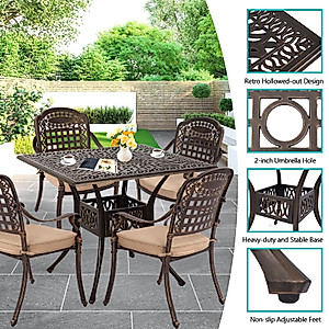 FKLUG 5 Piece Outdoor Patio Dining Set Cast Aluminum Patio Furniture Set Conversation Set for Backyard Garden Deck Poolside(1 Square Table and 4 Lattice Chairs W/Khaki Cushion)