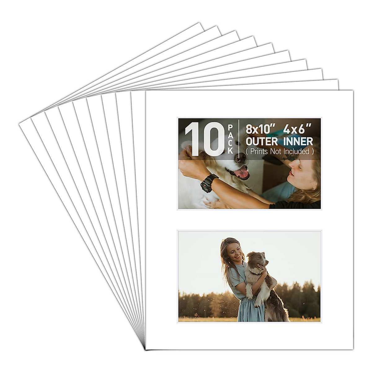 Golden State Art, Bevel Cut Mats for Two Photos, Acid-Free White Core for Photographs, Prints, Artworks - Great for Graduations, Frames (White, 8x10 Mats for 4x6 Pictures, Pack of 10)