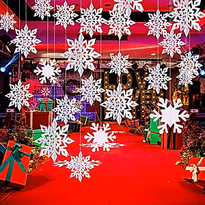 12PCS Winter Christmas Snowflakes Hanging Decorations - 3D White Paper Snowflake Garland with Snowflake Banner for Christmas Holiday Winter Wonderland Frozen Party Decorations
