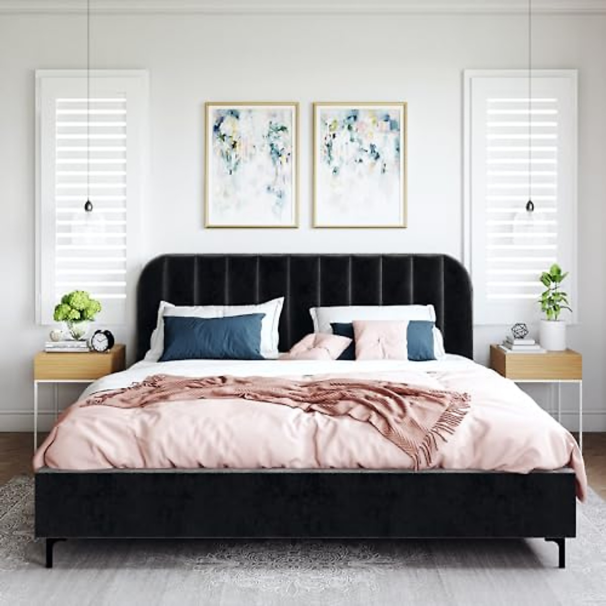 DHP Camilla Upholstered Platform Bed with Luxe Vertical Channel Tufted Headboard, No Box Spring Needed, King, Black Velvet