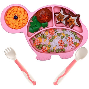 NICINGU Silicone Suction Plate spoon fork sets for Toddlers,Divided Plate Dish Placemat Bowl for Baby Kids Infant Self Feeding Training，Fits Most Highchairs, BPA Free Microwave Dishwasher Safe-Pink