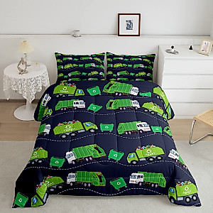 Feelyou Garbage Trucks Comforter Set Queen Size Kids Cartoon Car Comforter for Boys Teens Rubbish Car Bedding Set Vehicles Blue Green Duvet Set Room Decor Quilt Boys