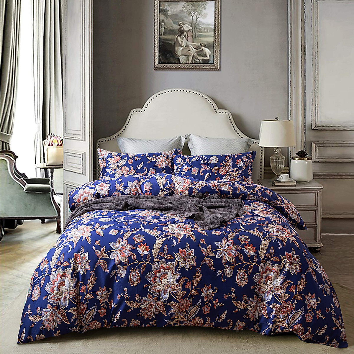 Eikei Home Luxury Jacobean Floral Garden 3 Piece Duvet Cover Set Beige Blue English Vintage Floral Pattern 100-percent Cotton (Queen)