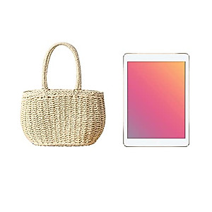 Women Summer Beach Straw Tote Bag Handmade Weave Handbag with Top Handle Removable Strap (Beige)