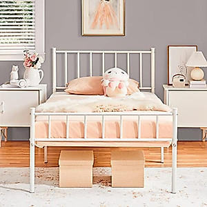 Topeakmart White Metal Twin Size Bed Frame with Headboard and Footboard, White Platform Bed Frame Twin, Heavy Duty Steel Salt Metal Bed Frame, No Box Spring Needed, Anti-Slip Metal Bed Frame, White