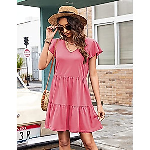 HOTOUCH Womens Summer Casual with Smocked Sexy V Neck A Line Swing Mini Dress Watermelon Pink, Medium