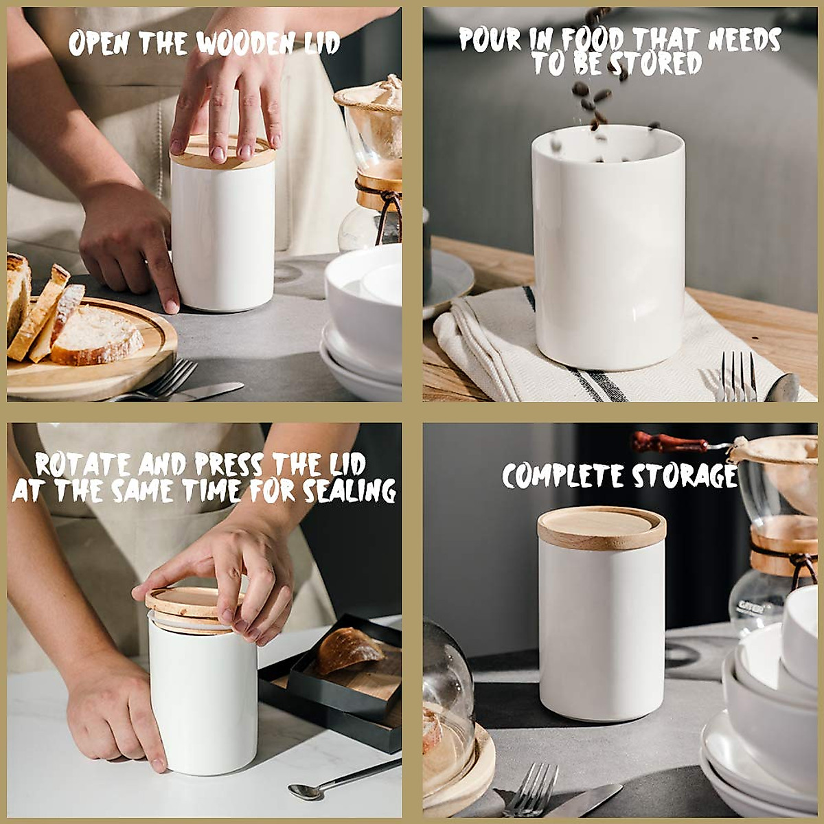 Sweejar Kitchen Canisters Ceramic Food Storage Jar, Stackable Containers with Airtight Seal Wooden Lid for Serving Ground Coffee, Tea, Sugar, Salt and More - 16 Fl Oz (White)