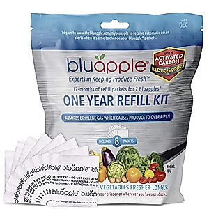 Bluapple 1-Year Carbon Refill Kit - Keep Fruits & Vegetables Fresh Longer & Help Absorb Odors, 8 Packets with Carbon, Fruit & Vegetable Storage, Ethylene Gas Absorber for Fridge, Made in USA
