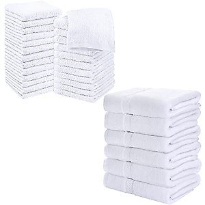 Utopia Towels Premium Bundle - 1 Cotton Washcloths White (12x12 inches), Pack of 24 with 1 Medium Cotton Towels, White, (24 x 48 Inches), Pack of 6