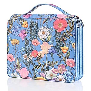 Shulaner 120 Slots Colored Pencil Case Organizer with Zipper Large Capacity Pen Holder Bag for Student or Artist Blue Flower