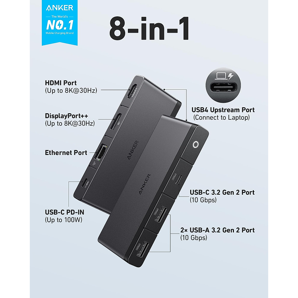 Anker 556 USB-C Hub (USB4, 8-in-1) with 1.6ft USB4 Cable, 10 Gbps USB-C and USB-A Data Ports, 8K HDMI and DisplayPort, for Microsoft Surface Pro 8, HP EliteBook 850 G8, and More (Black)