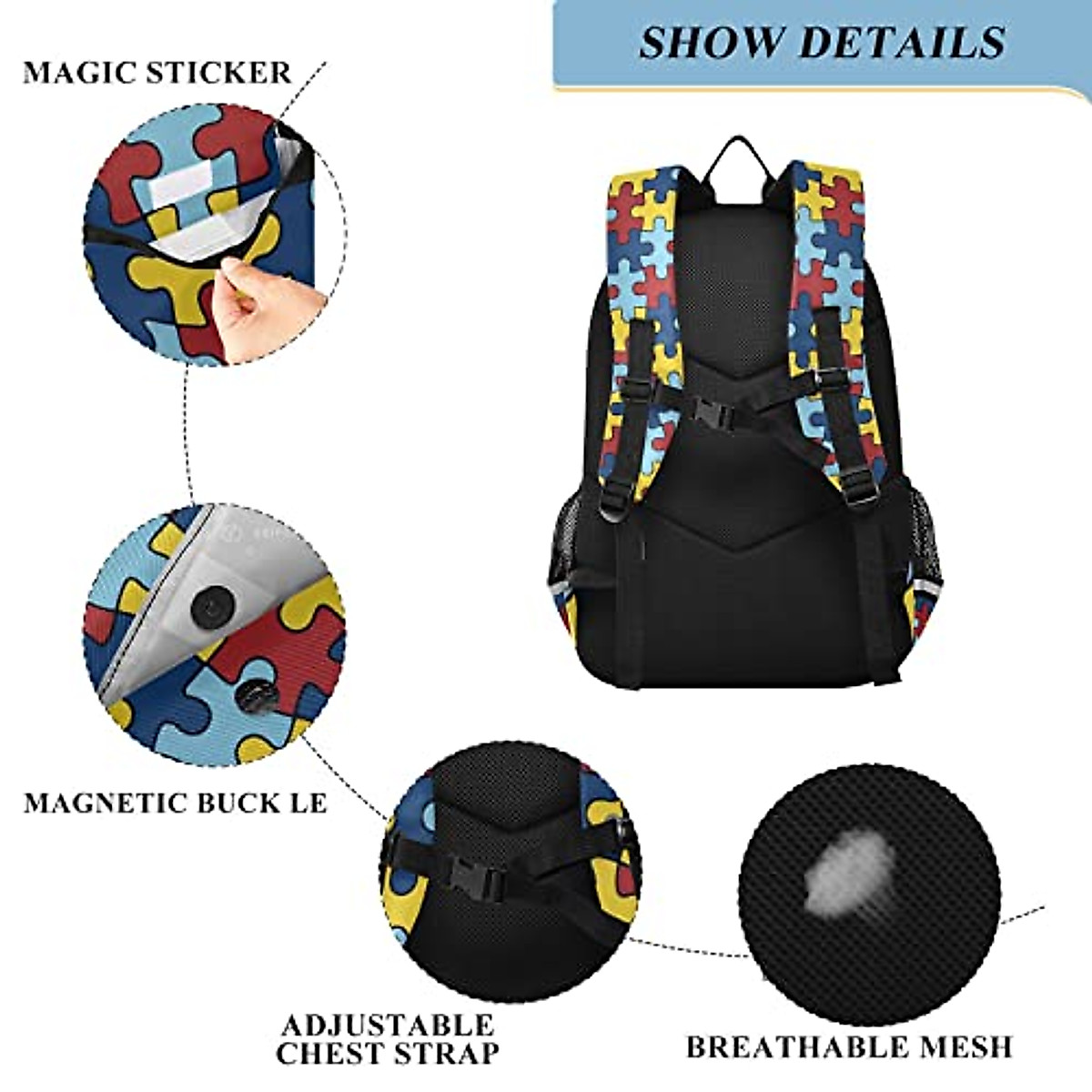Cindly Autism Awareness Colorful Puzzle Piece School Backpack College Bookbag for Teen Students, Lightweight Kids School Book Bags