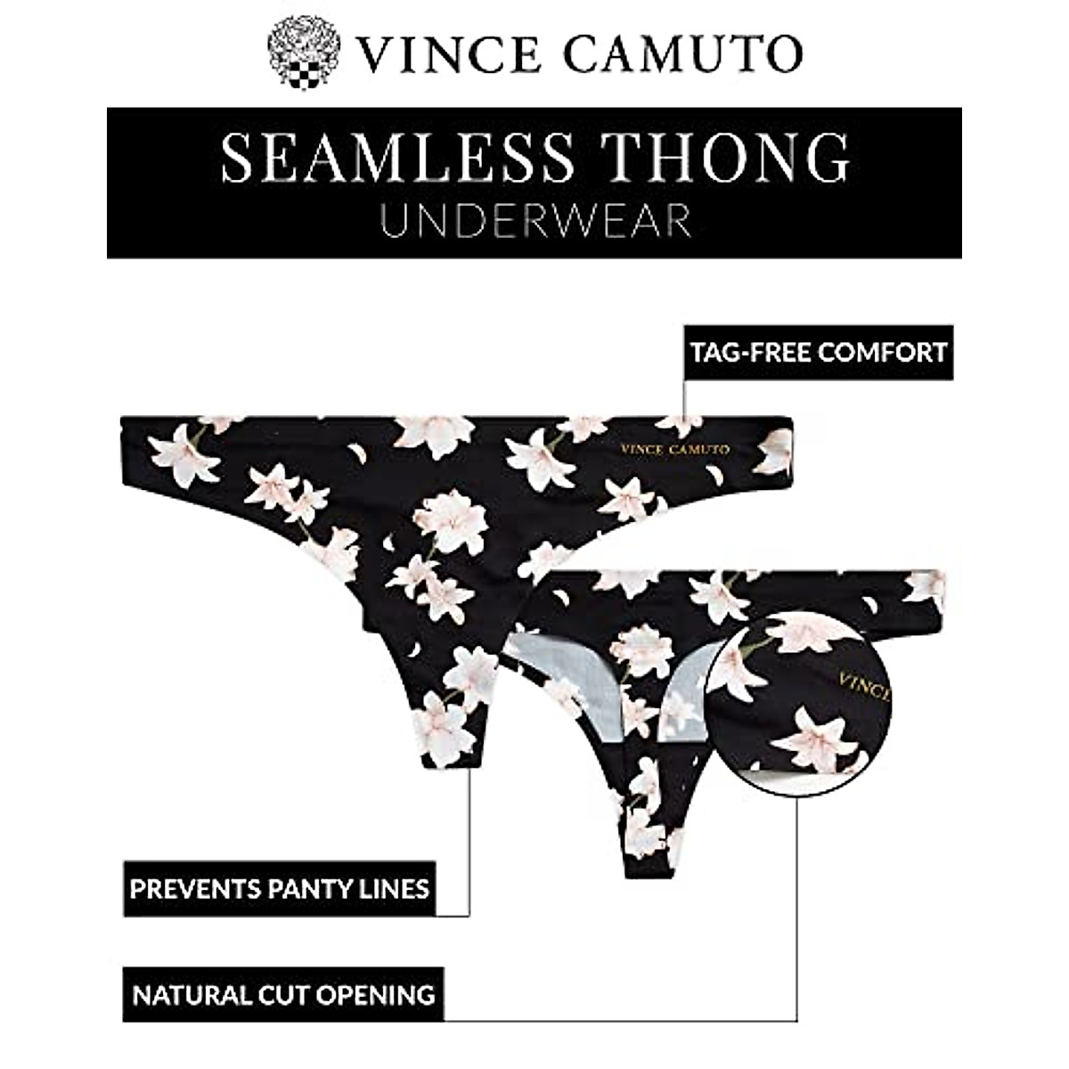 Vince Camuto Women's Underwear - 5 Pack Seamless Thong Panties (S-XL), Size Small, Black Floral/Ballet/Tan/Chai/Black