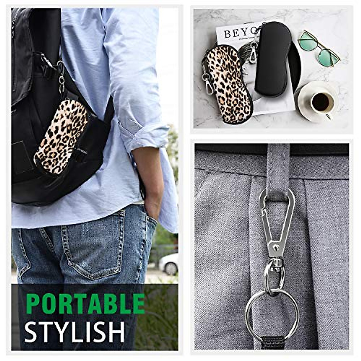 MoKo Eyeglasses Case, (2 Pack) Soft Zippered Neoprene Sunglasses Pouch Protective Eyewear Case Bag with Clip for Men and Women, Black and Leopard