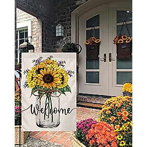 Summer Sunflower Garden Flag 12x18 Vertical Double Sided Welcome Summer Mason Jar Flowers Farmhouse Outside Decorations Burlap Yard Flag BW129