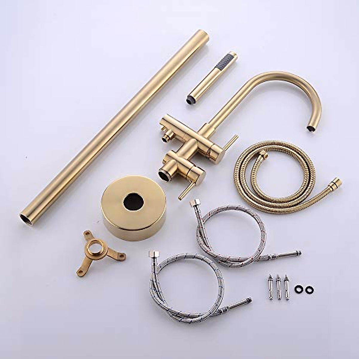 AYIVG Bathroom Brass Floor Mount Free Standing Bathtub Faucet Shower System Set (Brushed Gold)