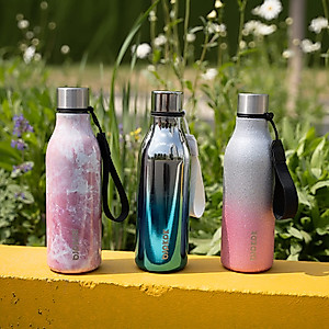 BJPKPK Insulated Water Bottles, 18 oz Stainless Steel Metal Water Bottle with Strap, BPA Free Leak Proof Thermos, Mugs, Flasks, Reusable Water Bottle for Sports & Travel, Marble-Amber