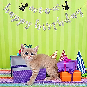 INNORU Cat Birthday Banner, Cat Happy Birthday Party Banner, Meow Garland Bunting, Pet Cat Birthday Party Decoration Silver Glitter