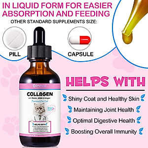 Skin and Coat Supplement for Cats, Collagen for Dogs, Liquid Collagen Boost for Cats, Itch Relief for Cats with Allergies, with Biotin, Support Joints, Skin, Bone & Immune System 2fl.oz