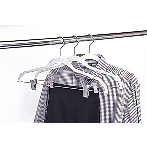 Quality Plastic Non Velvet Non-Flocked Thin Compact Coat Hangers with Metal Clips for Skirts Pants Blouses 360° Swivel Hook (White, 20)