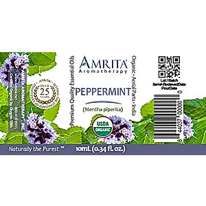 Amrita Aromatherapy Organic Peppermint Essential Oil, 100% Pure Undiluted Mentha piperita, Therapeutic Grade, Premium Quality Aromatherapy oil, Tested & Verified, 10ML
