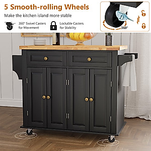 Squireewo Kitchen Cart with Rubber Wood Top Breakfast Bar, Rolling Mobile Kitchen Island Table on Wheels with Drawer and Storage Cabinet, Spice Rack, Towel Rack, Black