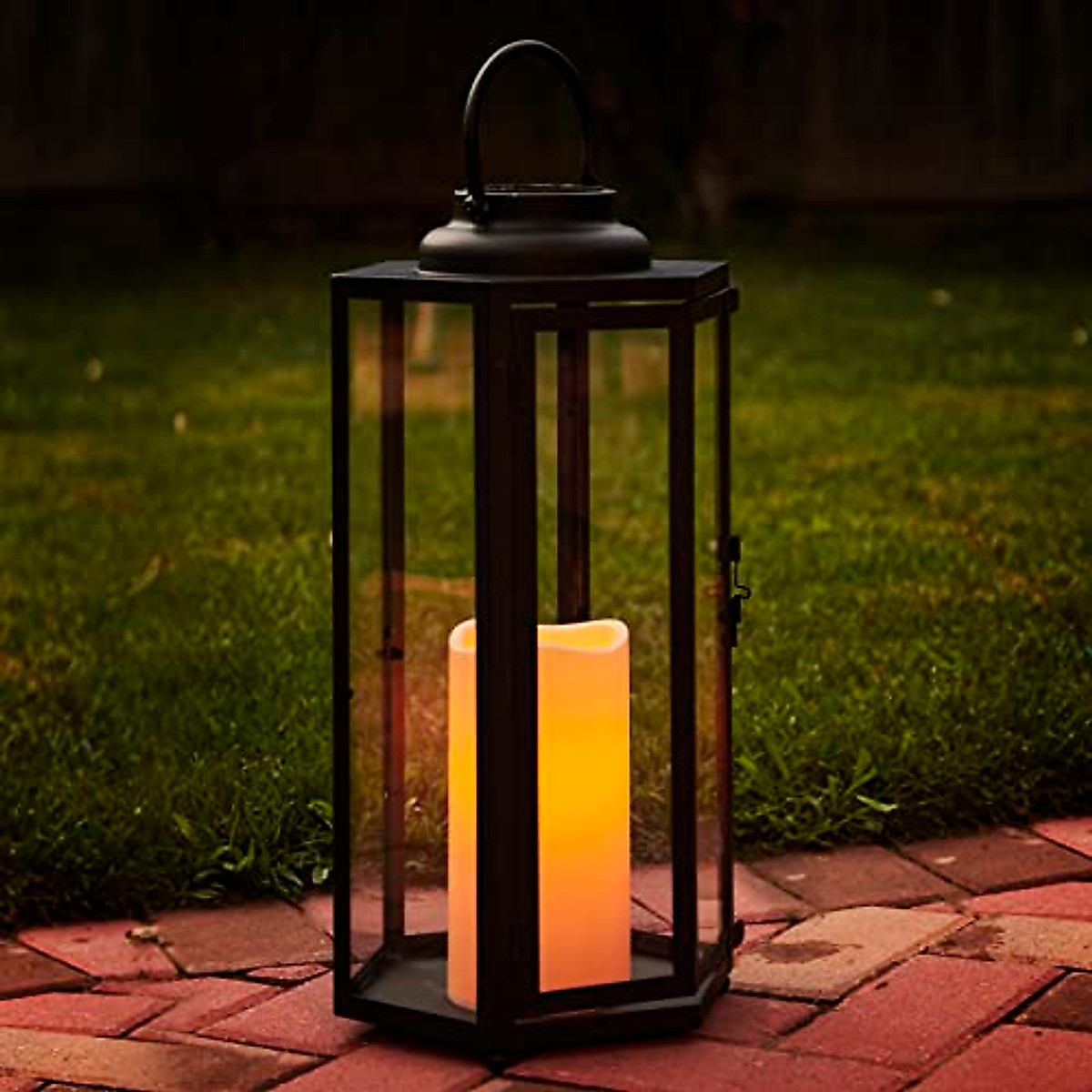 Large Solar Candle Lantern - 18 Inch Tall, Glass Panels, Matte Black Metal Frame, Waterproof Flameless Pillar Candle, Dusk to Dawn Timer, Large Size for Floor or Patio, Fall Decor, Battery Included