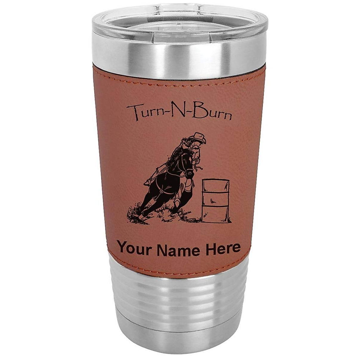 LaserGram 20oz Vacuum Insulated Tumbler Mug, Barrel Racer Turn N Burn, Personalized Engraving Included (Faux Leather, Dark Brown)