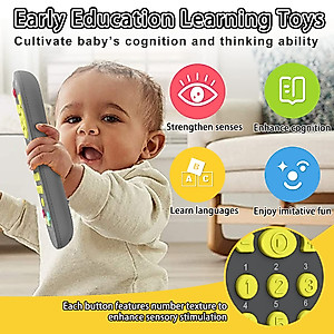 Baby Remote Toy, Toddlers TV Remote Control Toy Kids Realistic Play Remote Early Educational Baby Musical Toys with Light and Sound English French Spanish for Proshool Boys Girls 6 Month+, Gray