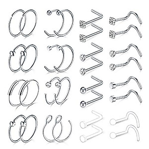 MODRSA 18G Nose Rings Hoop Surgical Steel Nose Rings Studs Screw L-Shaped Nose Stud Tragus Cartilage Helix Earrings Hoop 28pcs Nose Piercing Jewelry Set (32pcs - silver kit)