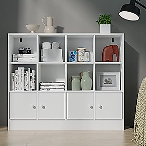 Cozy Castle White Bookshelf with 12 Cubes and 4 Doors, 2-Tier Open Shelf Bookcase with Anti-Tilt Device for Bedroom, Living Room