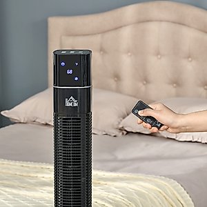 HOMCOM 47.25" Oscillating Tower Fan Cooling for Bedroom with 3 Speeds, Floor Fan with 12h Timer, LED Display, and Remote Control, Black