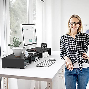 WALI Dual Monitor Stand Riser, 3 Shelf Laptop and Computer Monitor Stand with Phone Holder, Length and Angle Adjustable Desk Organizer (PTT007T-B), Black