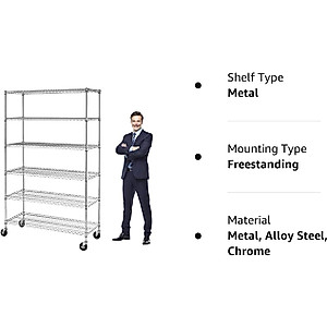 YRLLENSDAN 6000Lbs Capacity Adjustable Storage Shelves Heavy Duty Shelving Unit 6 Tier Metal Shelving with Wheels NSF Wire Shelving (48" W x 18" D x 72" H,Chrome)