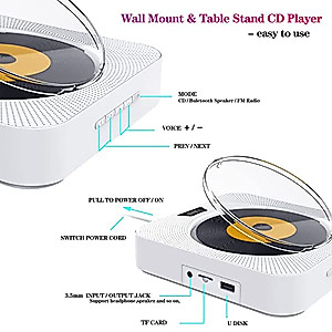 Portable CD Player with Bluetooth, Wall Mountable CD Player with Dust Cover,FM Radio,Built-in Speakers,USB Port,AUX Input,LCD Display