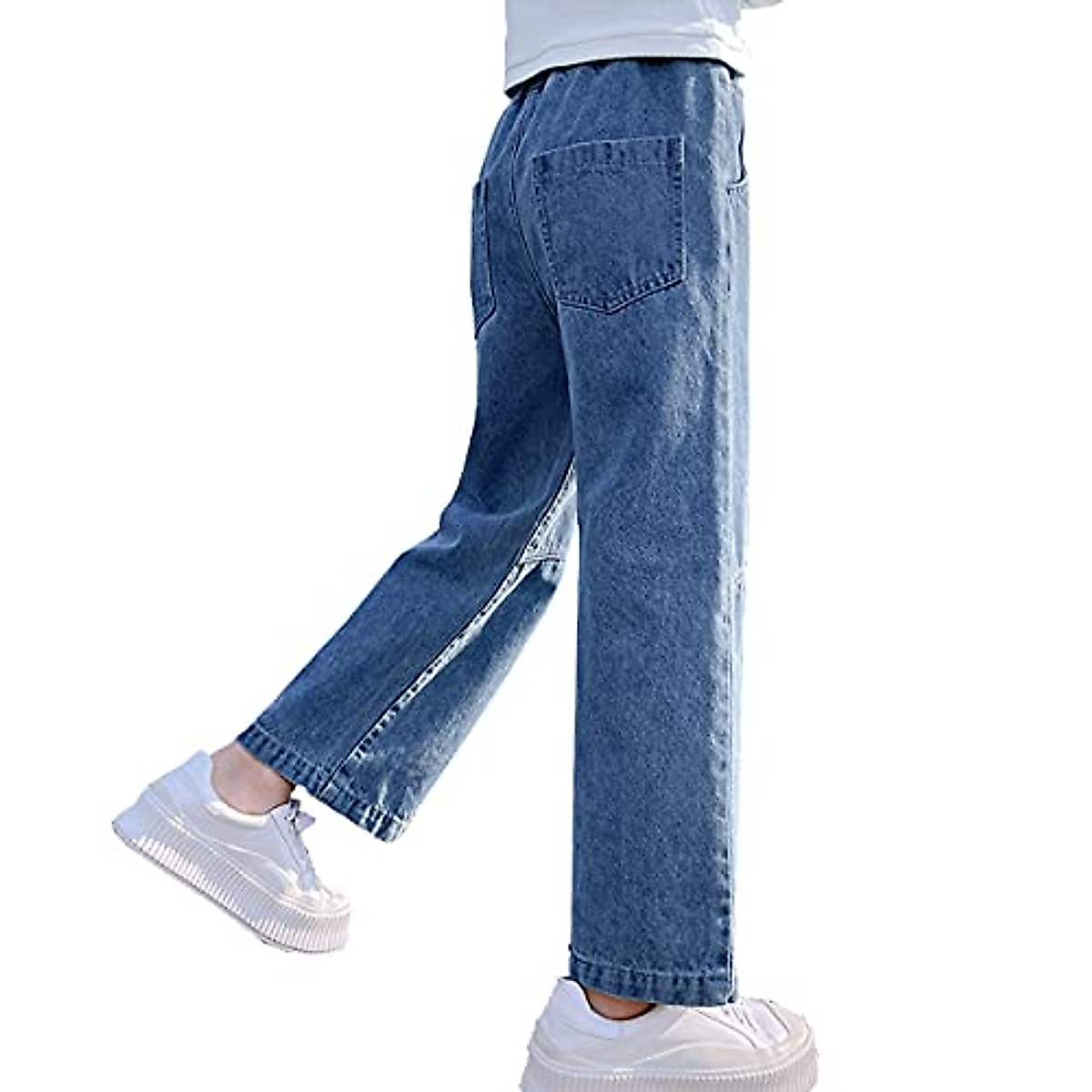 Milokado Big Girls Kids Jeans Casual Elastic Waist Wide Leg Demin Pants Size 5-13 Years (Blue (H), 12-13 Years)