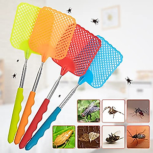 RMISODO 4 Pieces Plastic Fly Swatter Extendable Manual Swat Fly Tool with Stainless Steel Telescopic Handle, Random Color