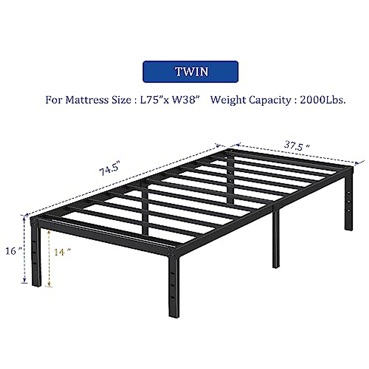 YUSENHEEI Twin Size Bed Frame 16 Inches High Metal Platform Bedframe with Slat Strips Easy Assembly Heavy Duty Strong No Need Box Spring Noise Free Non-Slip Large Storage Space Underbed