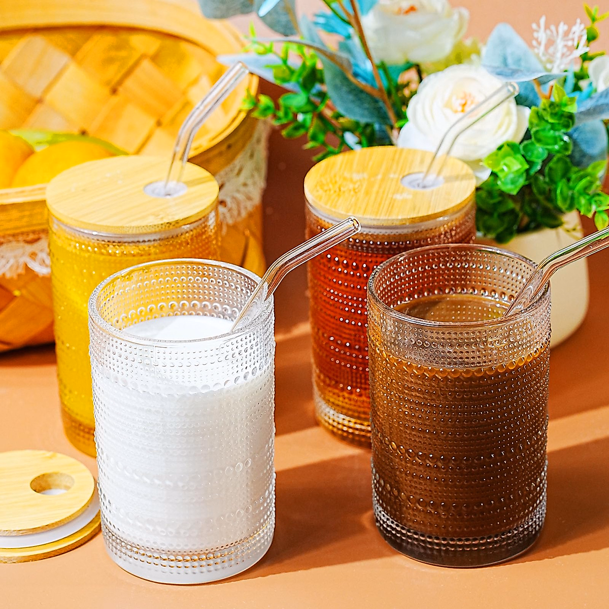 CWHHRN 15OZ Glass Cup with Lid and Straw, Vintage Embossed Glassware for Whiskey Cocktail Beer, Iced Coffee Cups with Lid, Glass Tumbler with Straw and Lid (2 PACK)