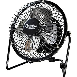 Comfort Zone Mini Portable Desk Fan with 360-Degree Adjustable Tilt, Dual Powered (USB or Power Cord), 4 inch, All-Metal Construction, Airflow 3.31 ft/sec, Ideal for Home, Bedroom & Office, CZHV4BK