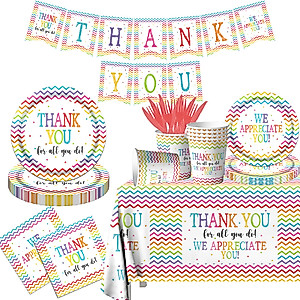 142Pcs Thanksgiving Paper Plates and Napkins Sets Thank You Party Decorations We Appreciate You Plates and Napkins Set with Cups Tablecloth and Banner Appreciation for Employee Teacher Doctor Parents