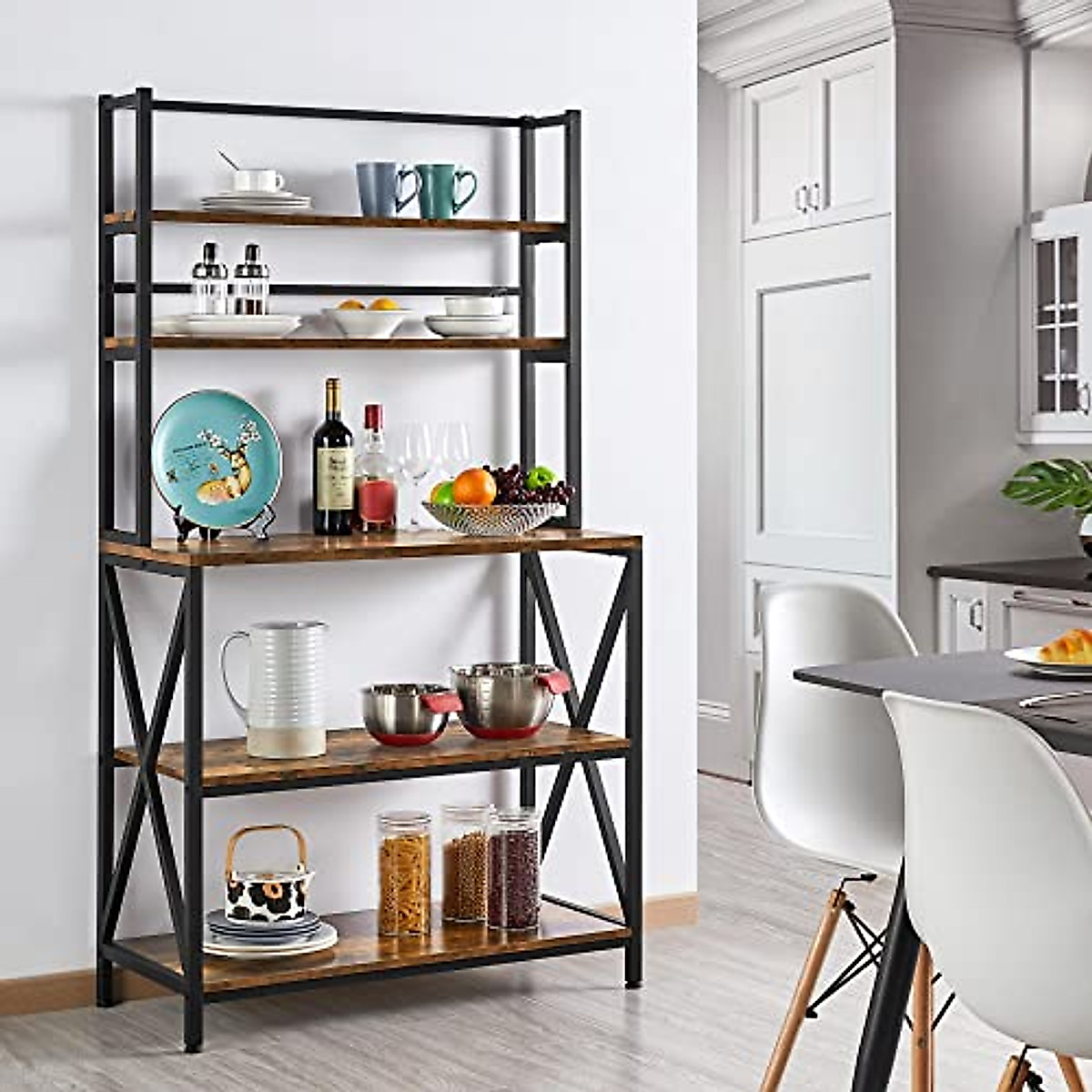 Yaheetech Kitchen Bakers Rack with Storage, 5-Tier Microwave Oven Stand Shelf Coffee Bar, Freestanding Utility Kitchen Storage Rack with X Designed Metal Support, 35.5 x 16 x 65 inches, Rustic Brown