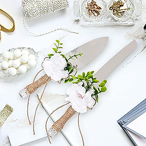 YHNJI 2Pcs Wedding Cake Knife and Server Set, Silver Cake Cutting Set with Eucalyptus Leaves Burlap Lace And Rose Bridal Cutter Set for Wedding Birthday Party