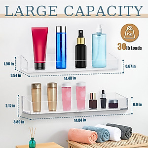 ClarityCraze 2 Pack Acrylic Bathroom Shelves, Clear Acrylic Shower Caddy Organizer, 15" Invisible Floating Shelves for Book/Figures/Photo/Makeup in Bathroom, Living Room, Bedroom, Kitchen