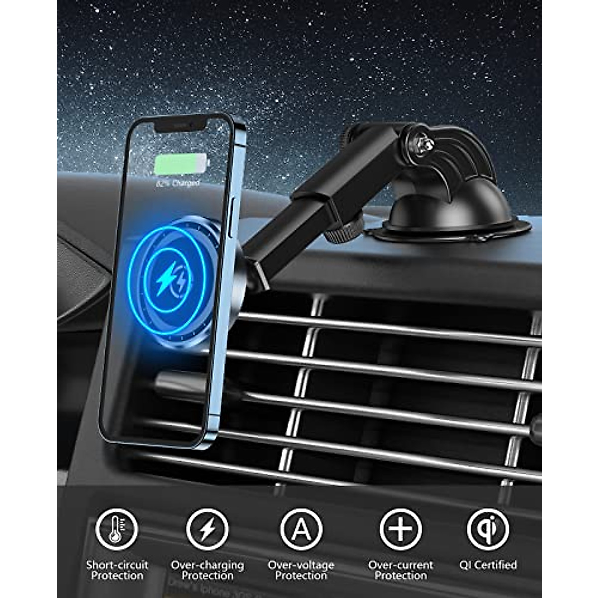 Magnetic Wireless Car Charger, 18W Fast Mag Safe Car Charging Dashboard Mount with Adjustable Metal Air Vent Hook Compatible with iPhone 14/13 Pro/13 mini/12/12 Pro/12 Pro Max/12 Mini