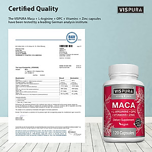 VISPURA Maca Root Capsules 5000 mg + L-Arginine, Vitamins B6 + B12, OPC and Zinc, Energy Boosting Formula* for Men and Women, 120 Vegan Tablets with Organic Maca Peruana Extract
