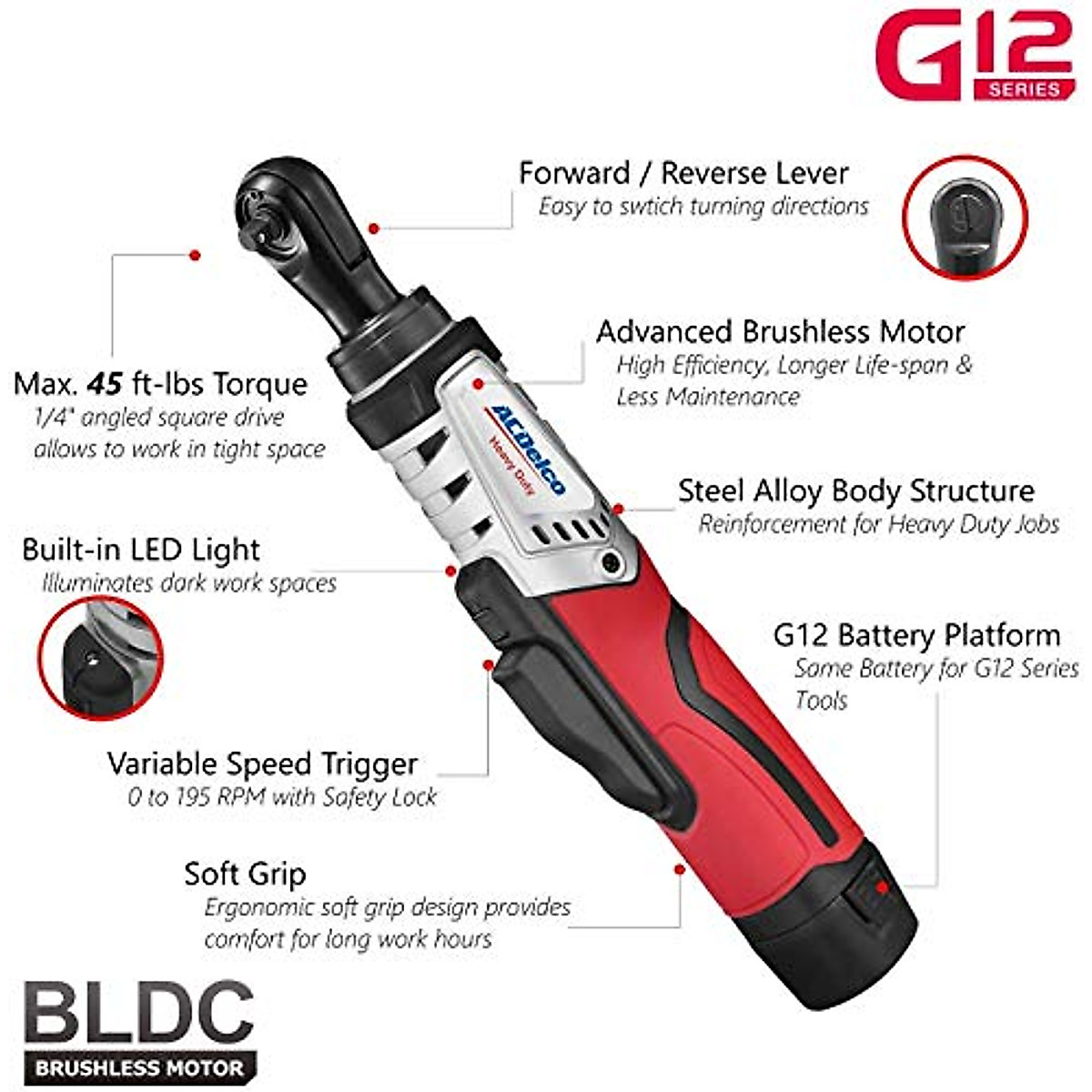 ACDelco G12 Series 2-Tool Combo Kit- 1/4" & 3/8" Brushless Ratchet Wrench, ARW12103-K8