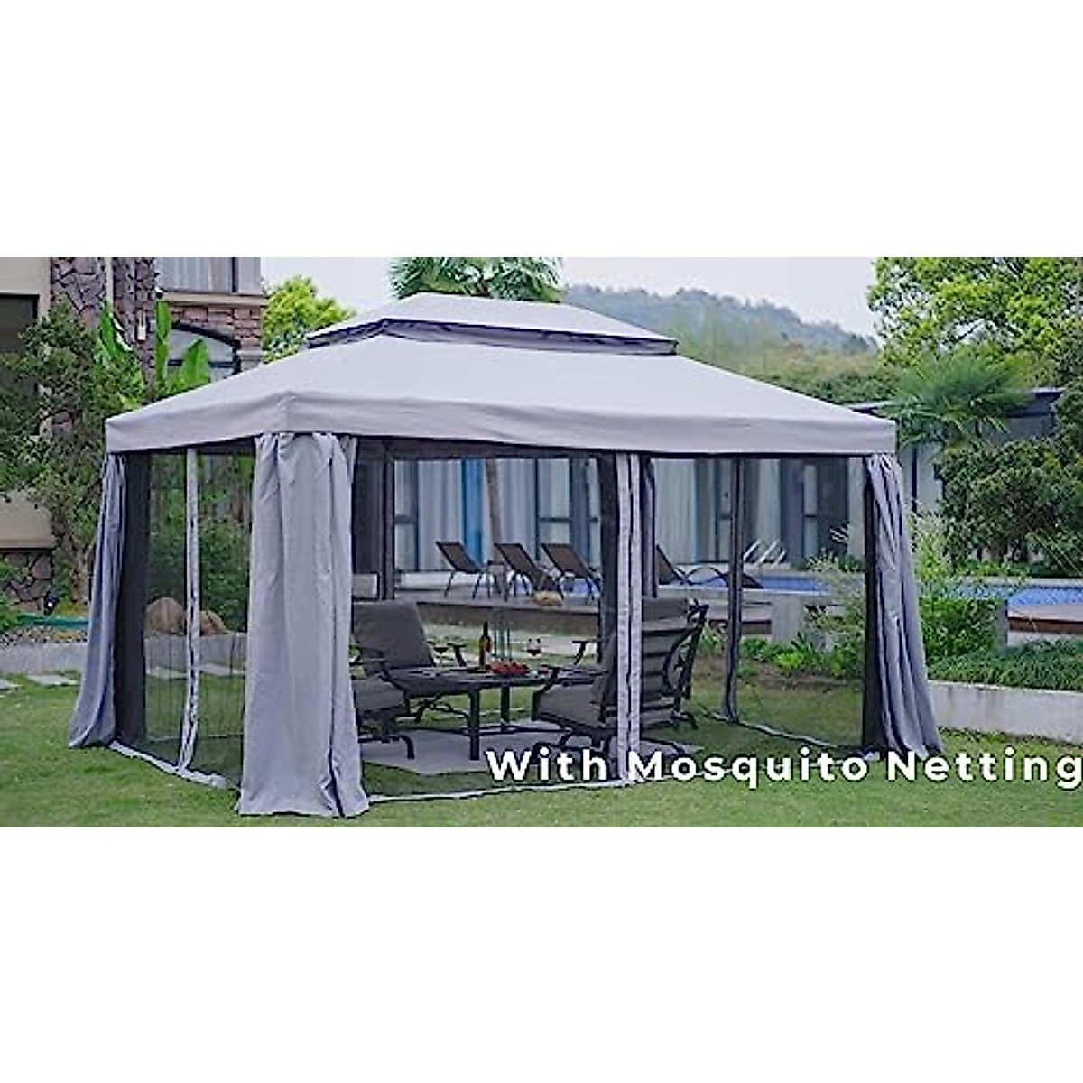 Yangming Gazebo 10X13 ft Outdoor Gazebos Clearance with Outside Mosquito Netting and Curtains for Patio Deck Backyard Garden, Gray